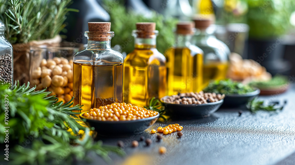 bottles of golden cooking oils, a variety of legumes like chickpeas and ...