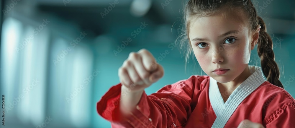 Foto Stock Focused young girl executing effective self-defense ...