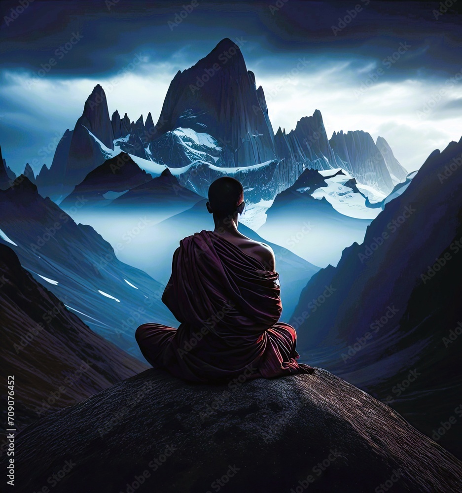 Great Buddha Monk meditating in front of Big Dark massive mountain ...