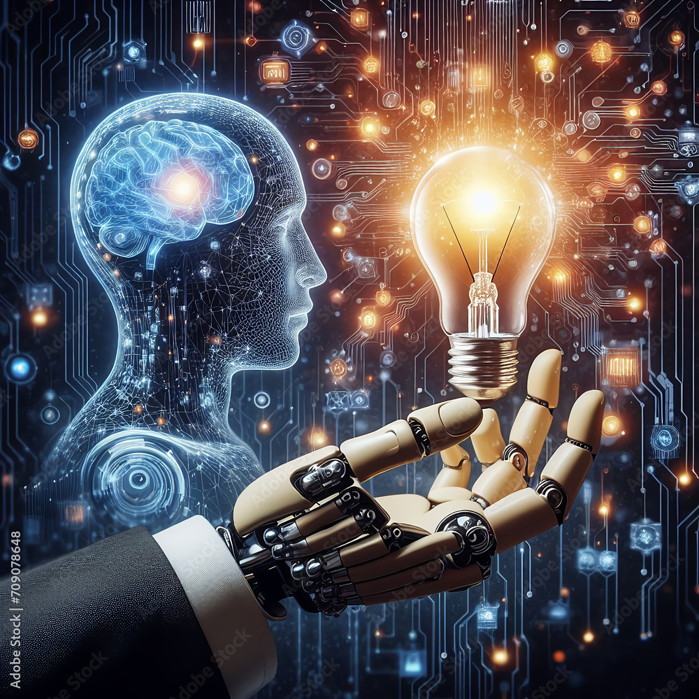 AI, Machine learning, Hands of robot and human touch on big data network, Brain data creative in ...