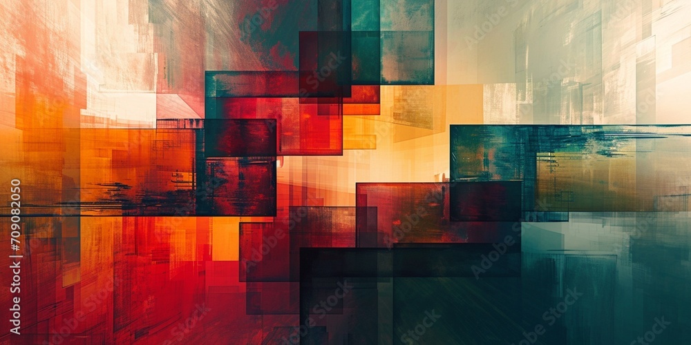 An abstract composition of overlapping squares and rectangles, creating a sense of depth and ...