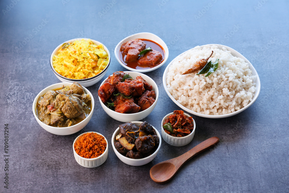 Kerala special food sadhya in banana leaf plate with Chicken fry Duck ...