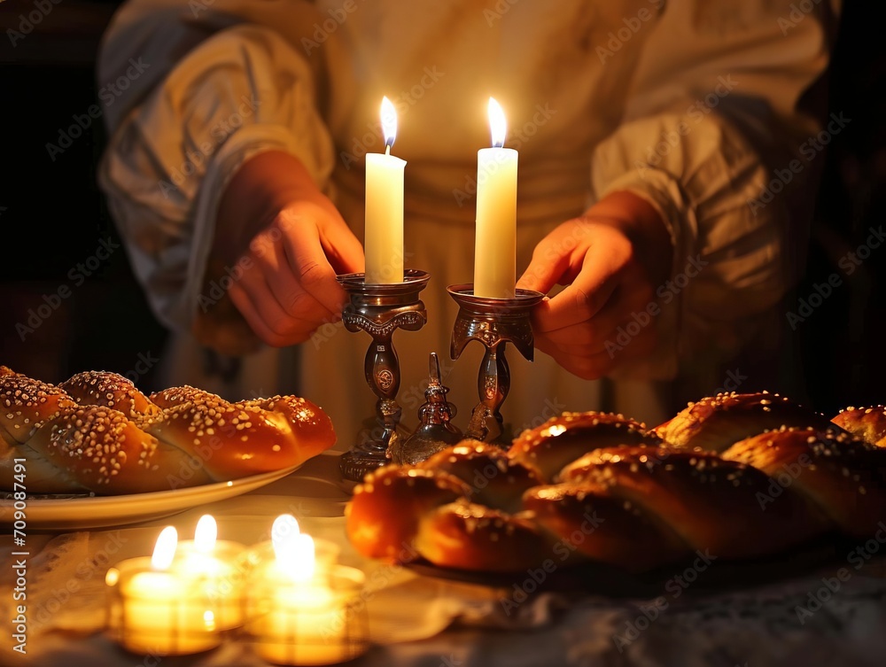 Shabbat Shalom jewish Woman lighting the Shabat Candles. AI Generative ...