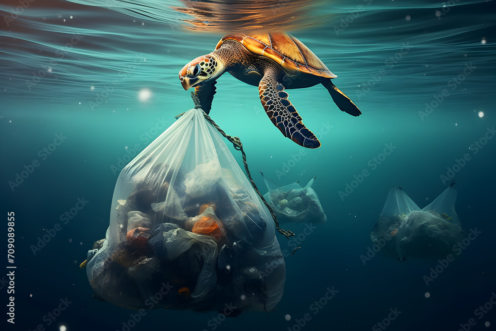 Underwater global problem with plastic rubbish, A turtle carries a bag ...