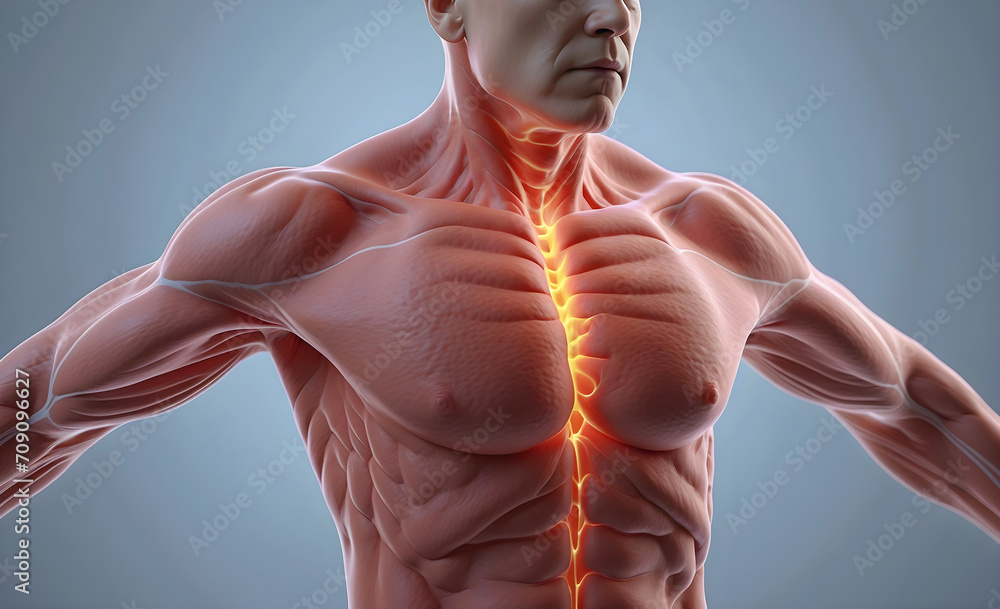 3D Illustration front view of the esophagus with male body. Human body ...