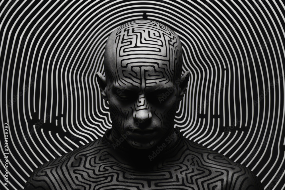 Black and white photo captures a man with a maze on his head, his ...