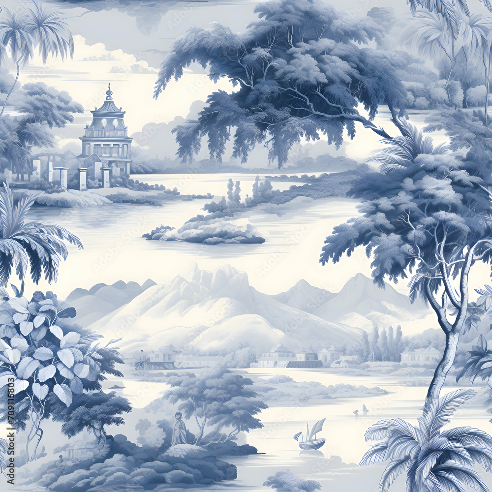Toile de jouy pattern with countryside views with castles and houses ...
