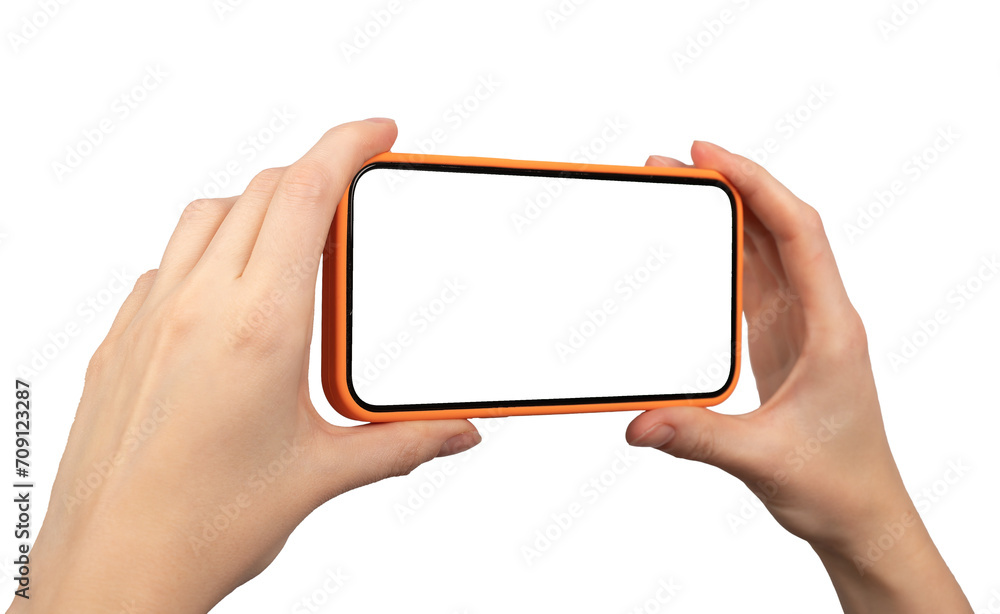 Hands hold mobile phone screen mockup, horizontal smartphone display ...