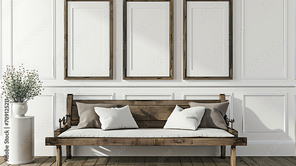 Wooden rustic bench with pillows against wall with two poster frames ...