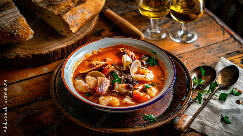 Italian soup made from fish meat, shellfish and crustaceans - Cacciucco ...
