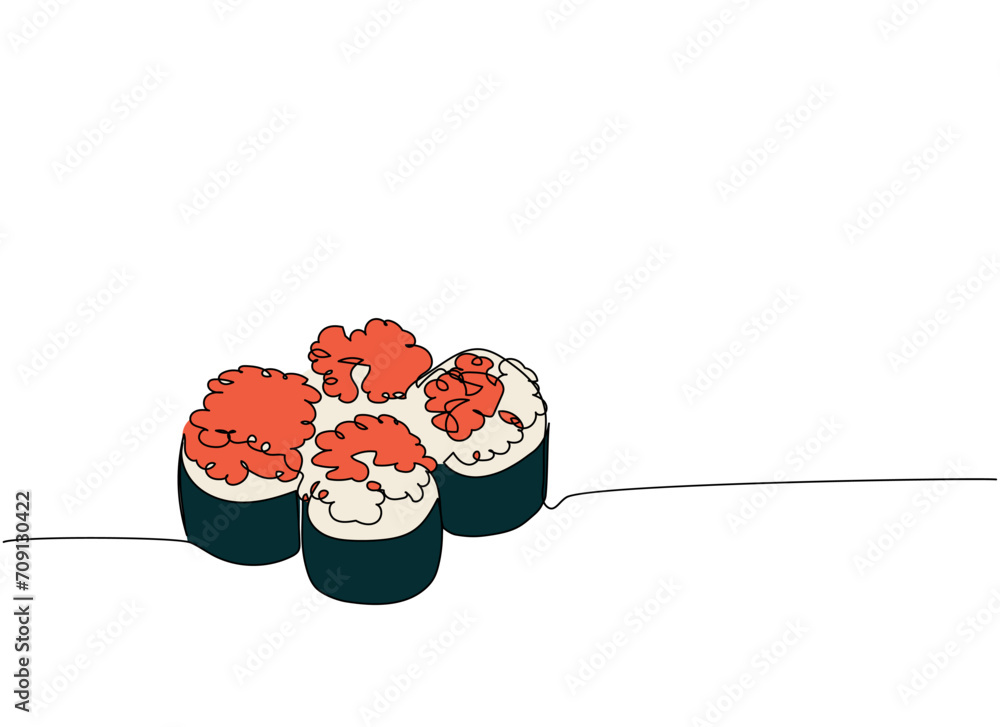 Sushi roll, Gunkan with red caviar, gunkan maki one line art ...