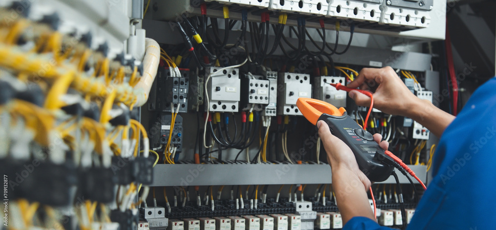 Electrician measurements with multimeter testing current electric in ...