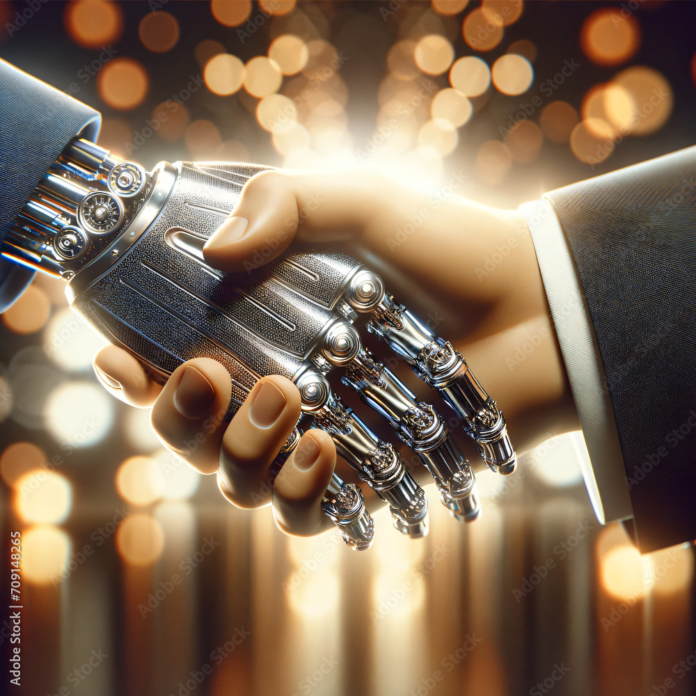 a handshake between a human and a robotic hand, reinforcing themes of ...