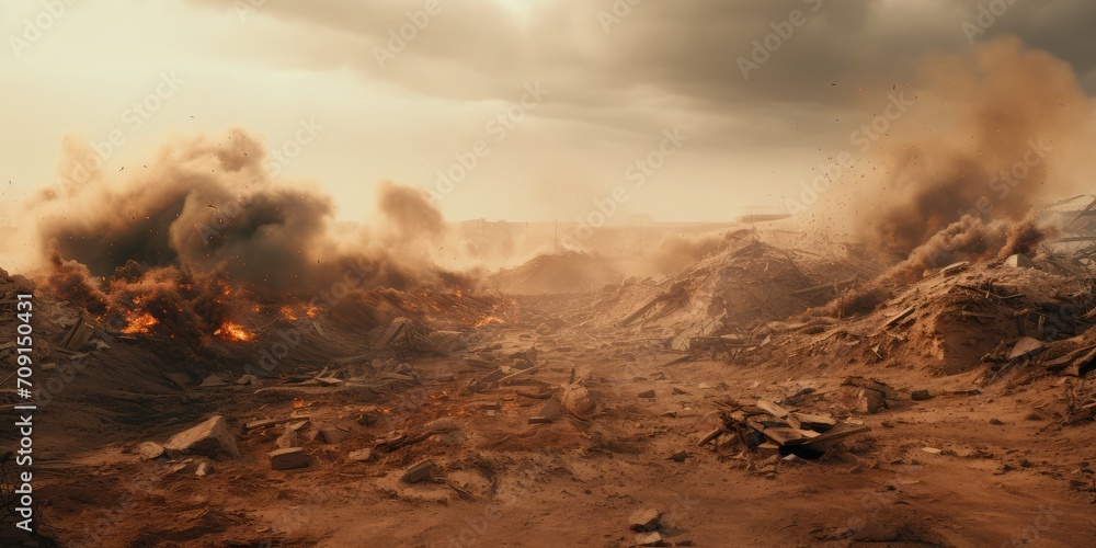 Wasteland with explosions and dust flying around hyper realistic 35mm ...