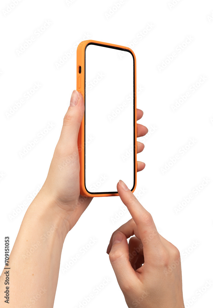 Finger tapping smartphone mockup, mobile phone screen. Hand holding ...