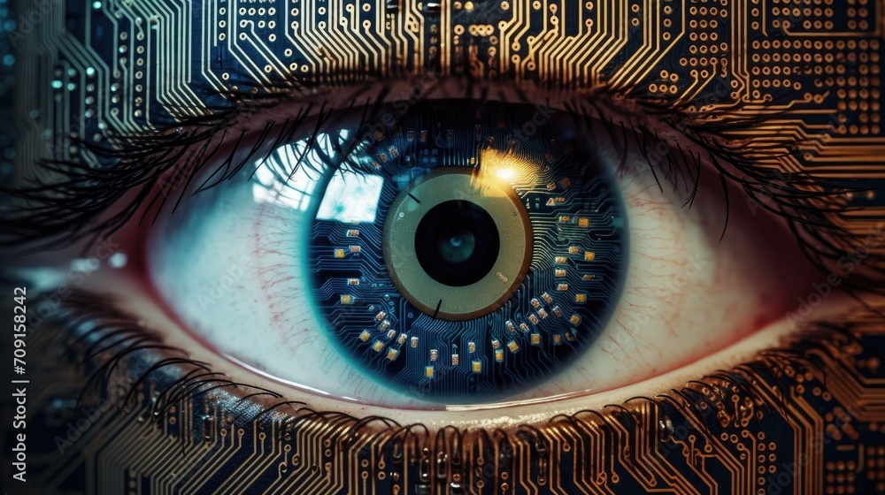 Futuristic digital eye. Cybersecurity concept. Close up of human eye ...