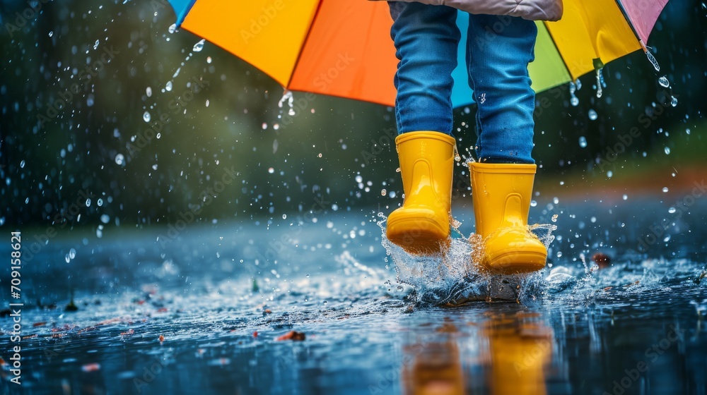 Splashing Through Rain Puddles. Child with a colourful umbrella ...