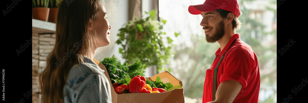 Panoramic banner. smart food delivery service man in red uniform ...