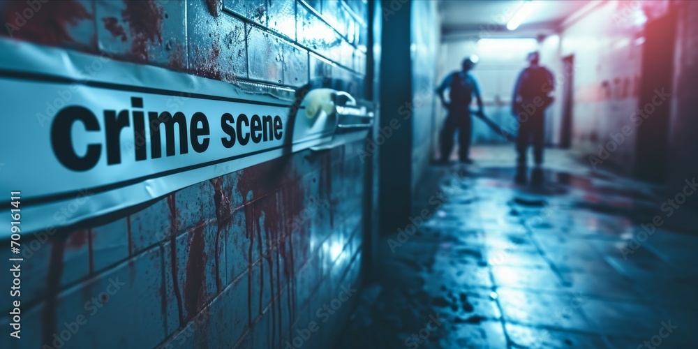 crime scene tape with blurred forensic law enforcement background in ...