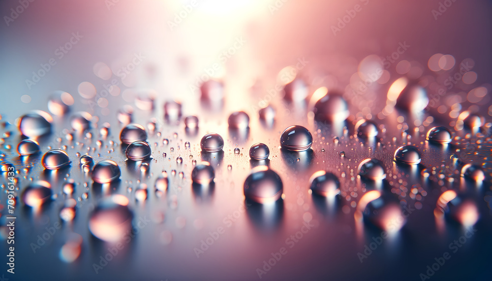 Water droplets on a surface with a shallow depth of field, creating a ...