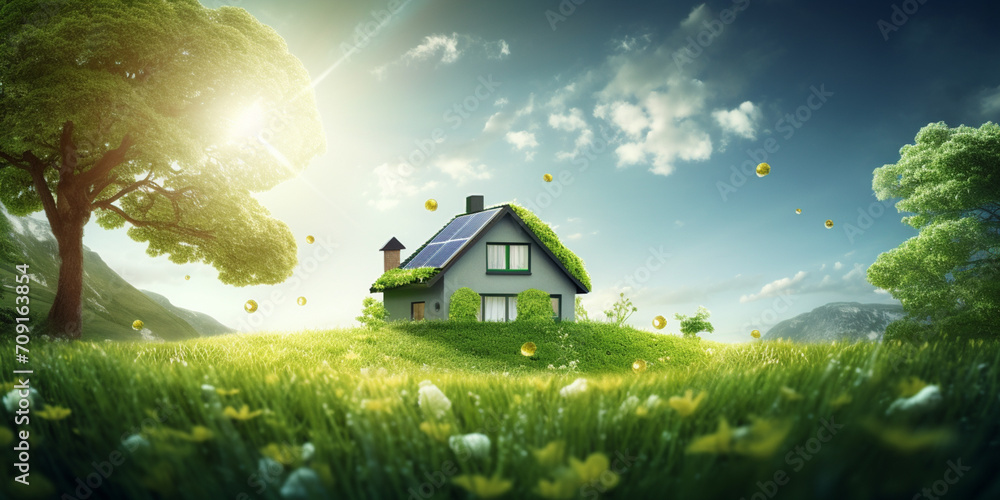 The image portrays a conceptual representation of a green home and ...