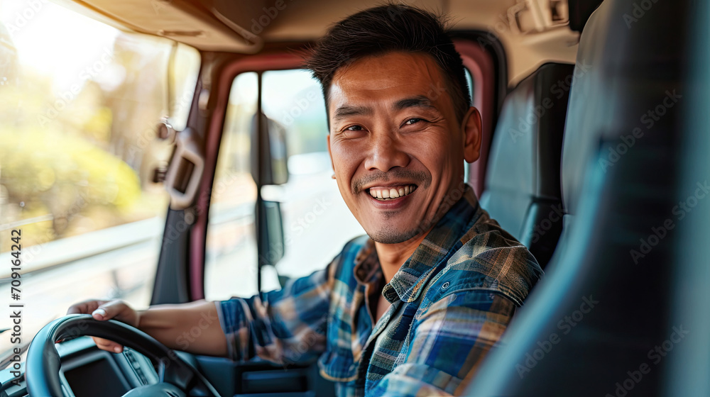 The Asian truck driver smiled happily inside the front of the truck. He ...