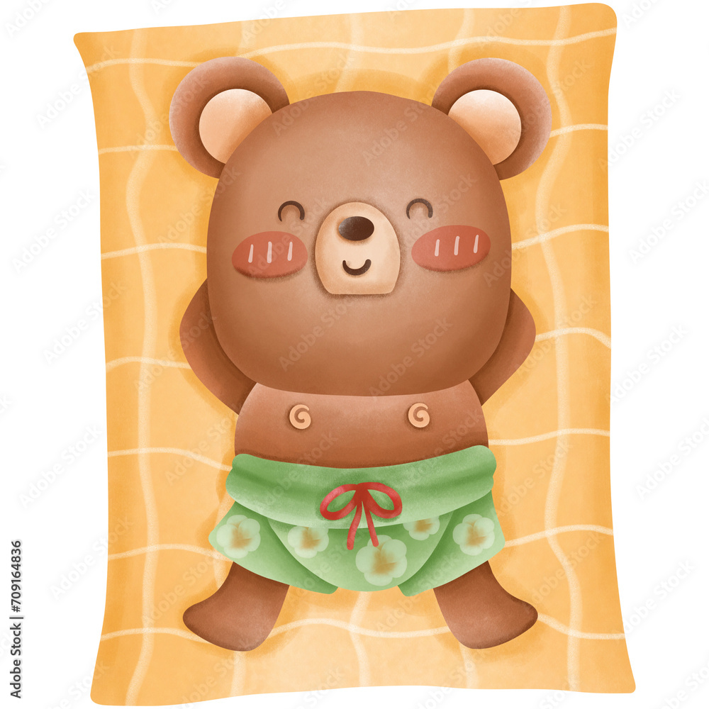 Watercolor illustration of a cartoon brown bear in a swimsuit ...