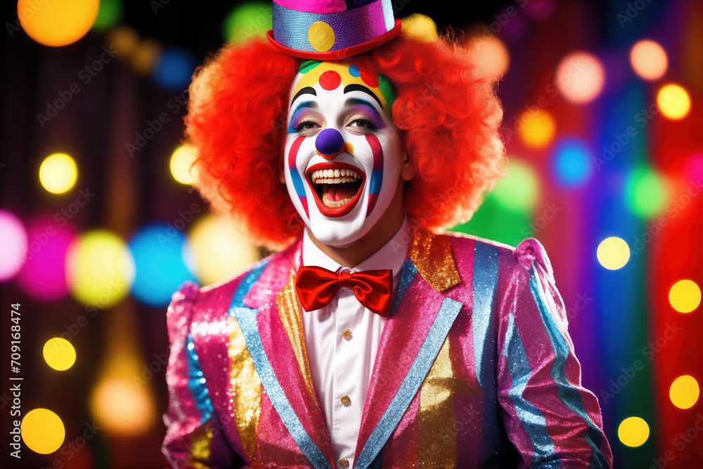 Foto de Intriguingly amusing clown man adorned in vibrant attire. An ...
