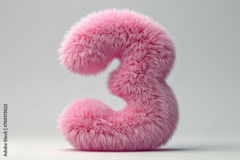 Cute pink number 3 or three as fur shape, short hair, white background ...