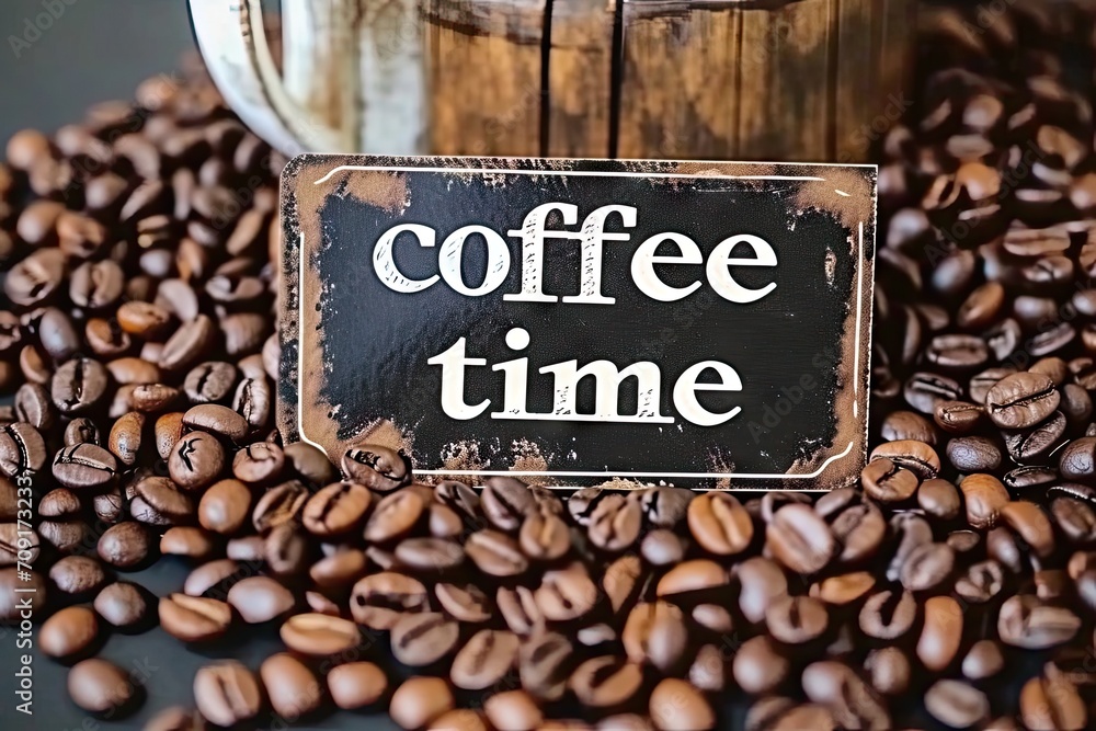 Vintage coffee time text. Dark brown background with cup of espresso ...