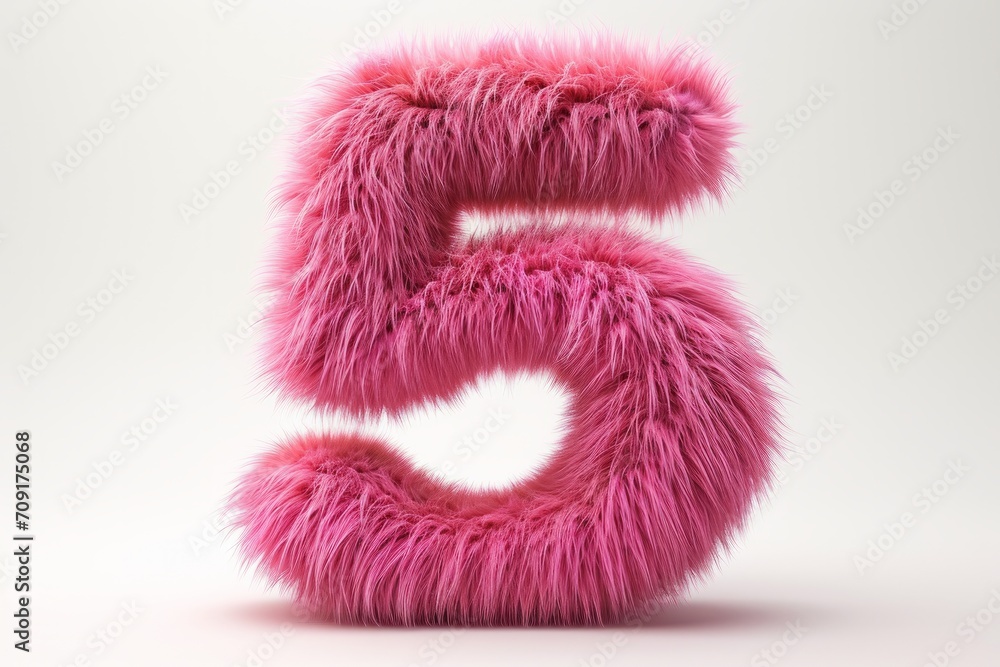 Cute pink number 5 or five as fur shape, short hair, white background ...