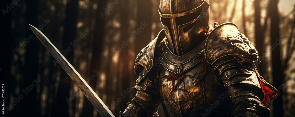 An imposing knight in shining armor holds a sword ready for battle ...