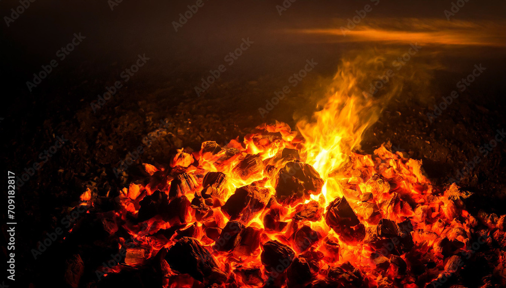 Embers glow in the night, a symbol of fading warmth. Extinguished fire ...