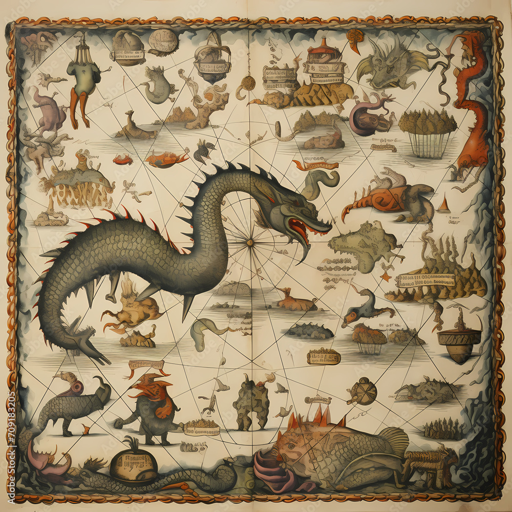 Ancient map with sea monsters and mythical creatures. Stock ...