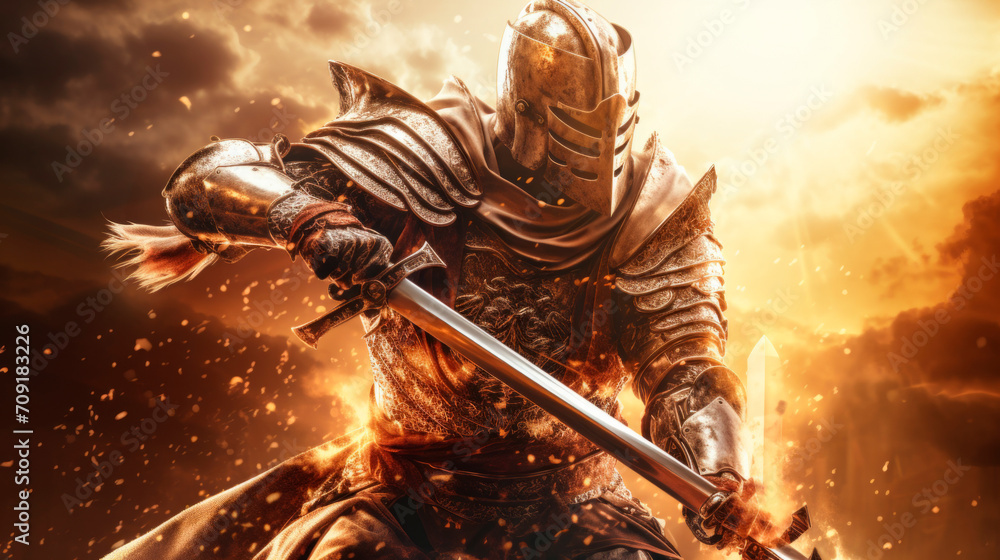 An imposing knight in shining armor holds a sword ready for battle ...
