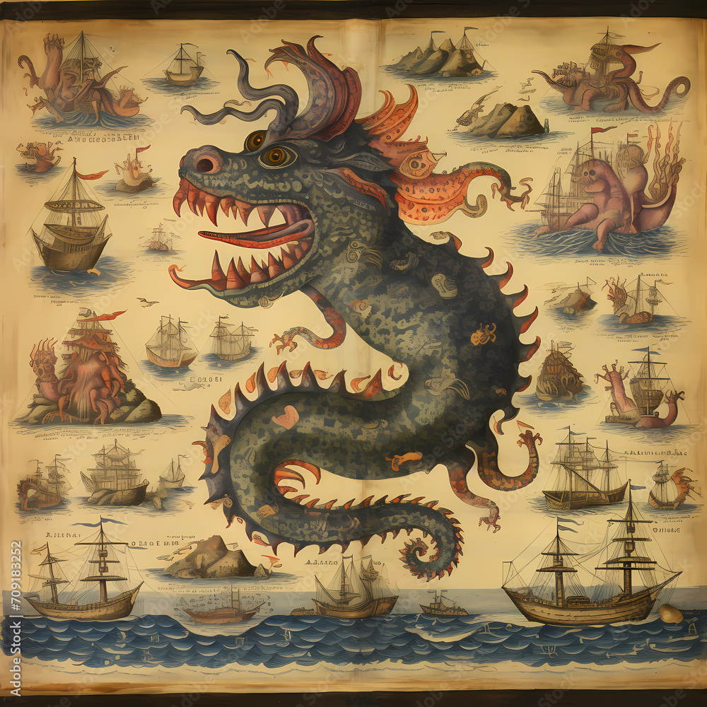 Ancient map with sea monsters and mythical creatures. Stock ...