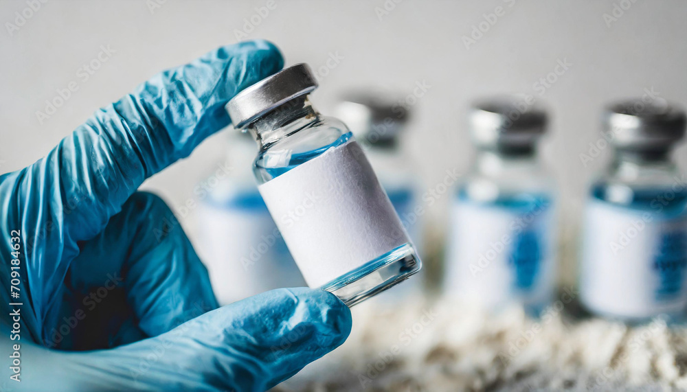 Vial of vaccine with drug powder on white background; symbolizing hope ...
