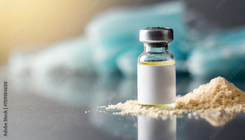 Vial of vaccine with drug powder on white background; symbolizing hope ...