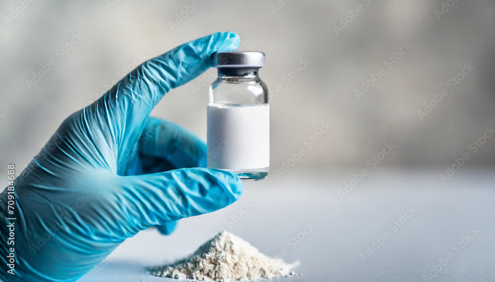 Vial of vaccine with drug powder on white background; symbolizing hope ...