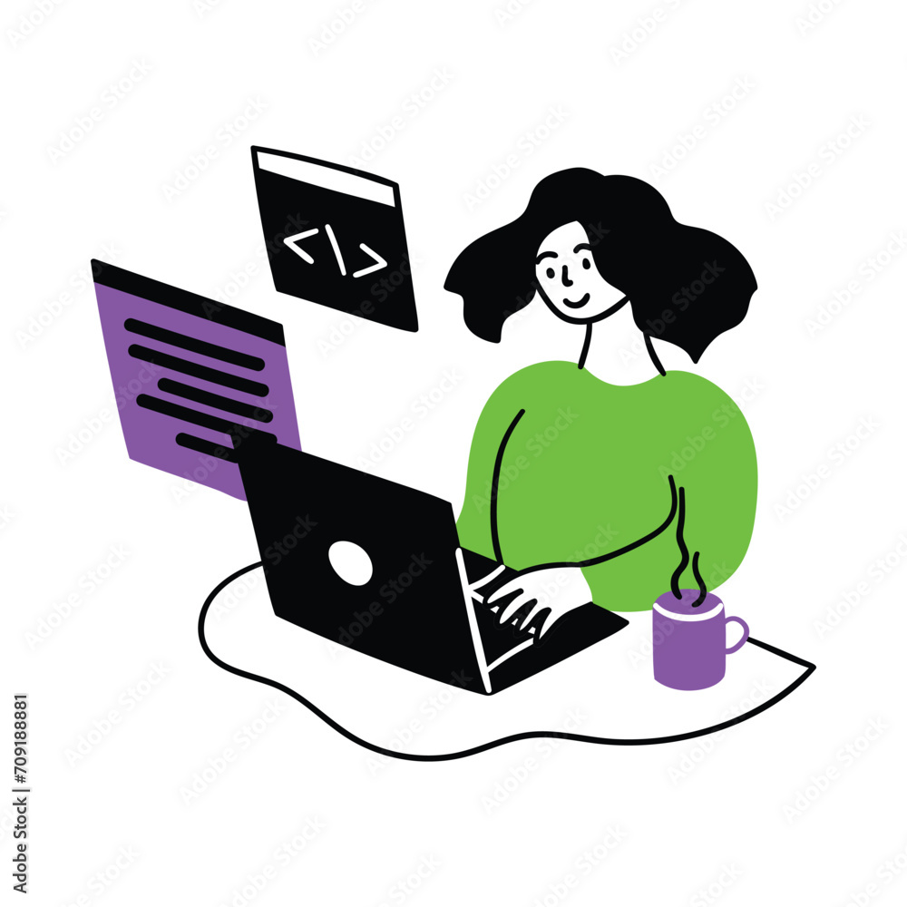 Cartoon Color Web Development Concept Scene with Character Girl Coding ...