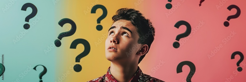 Teen boy with questioning expression, colorful question marks on tri ...