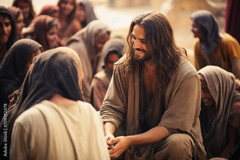 Jesus christ praying with people. Stock Photo | Adobe Stock