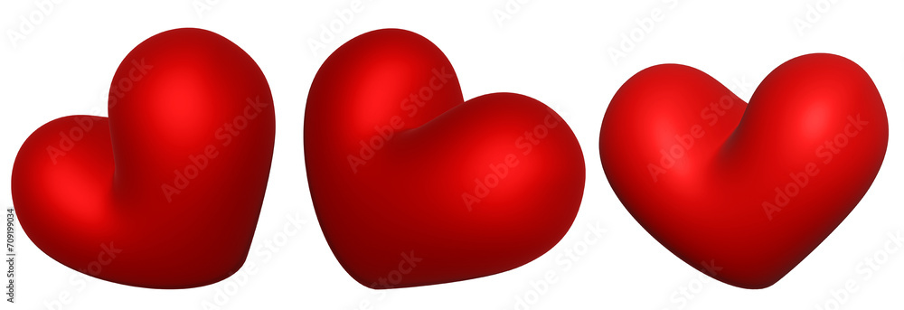 Set of 3 Simple Red 3D Hearts. 3 Bulging, Plump Shiny Red Hearts. Love ...