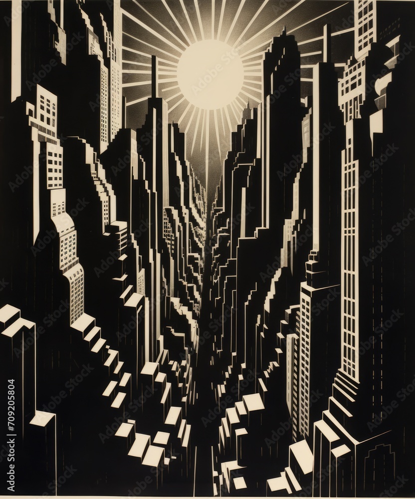 High contrast black and white lithograph of a cityscape showing a deep ...
