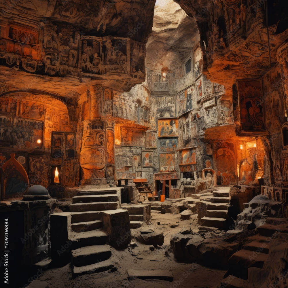 Interior color photograph of a ruined underground ancient temple with ...