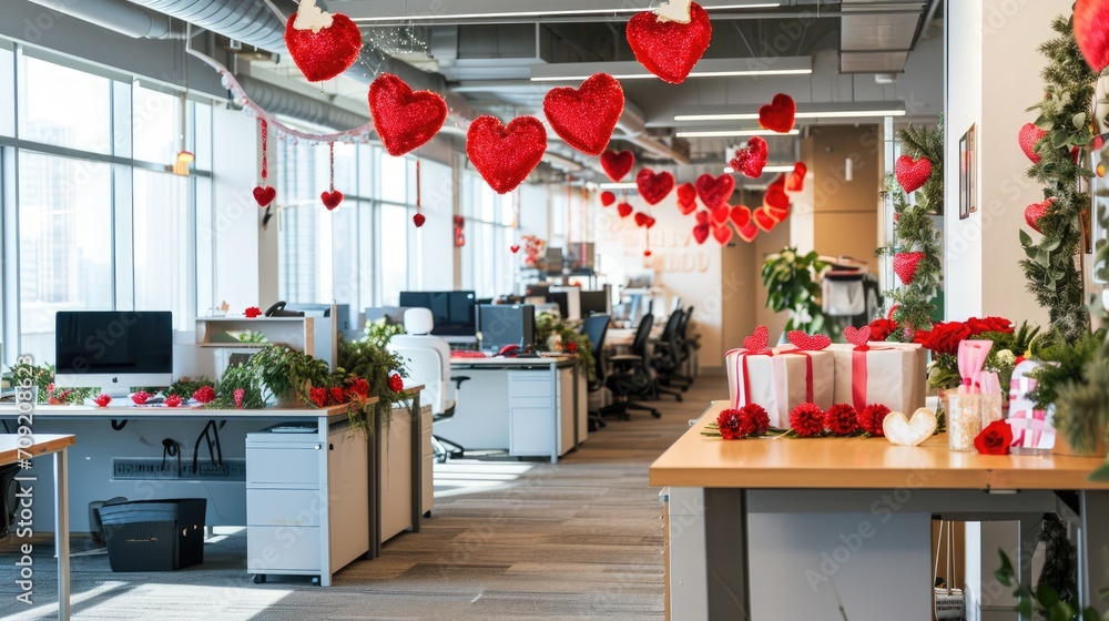 Office spaces decorated in celebration of Valentine's Day, featuring ...