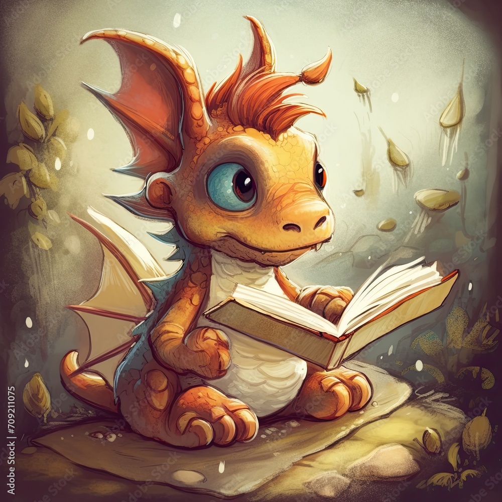 Cute cartoon dragon reading a book, fairy tale, illustration. Children ...