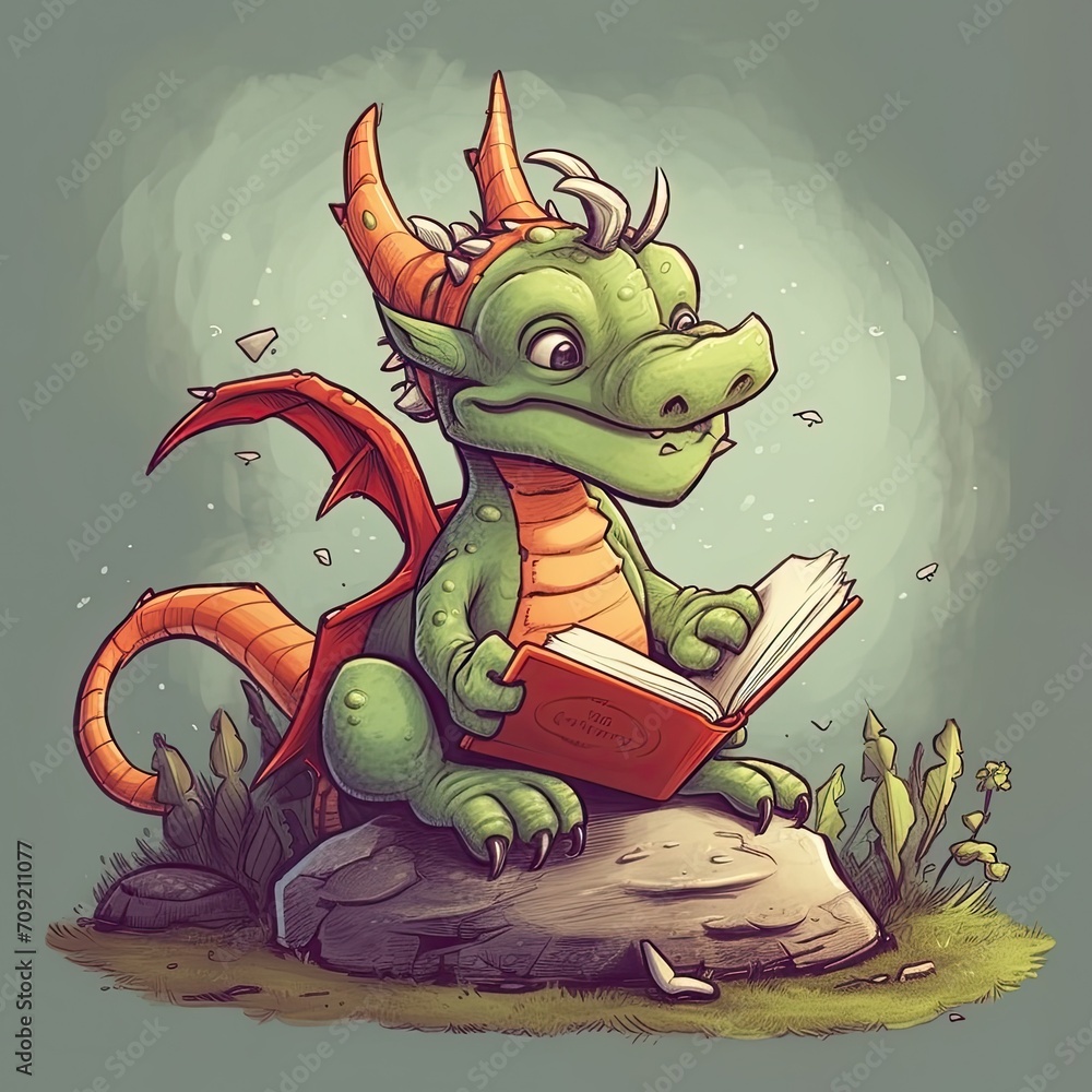 Cute cartoon dragon reading a book, fairy tale, illustration. Children ...