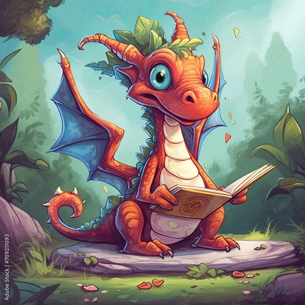 Cute cartoon dragon reading a book, fairy tale, illustration. Children ...