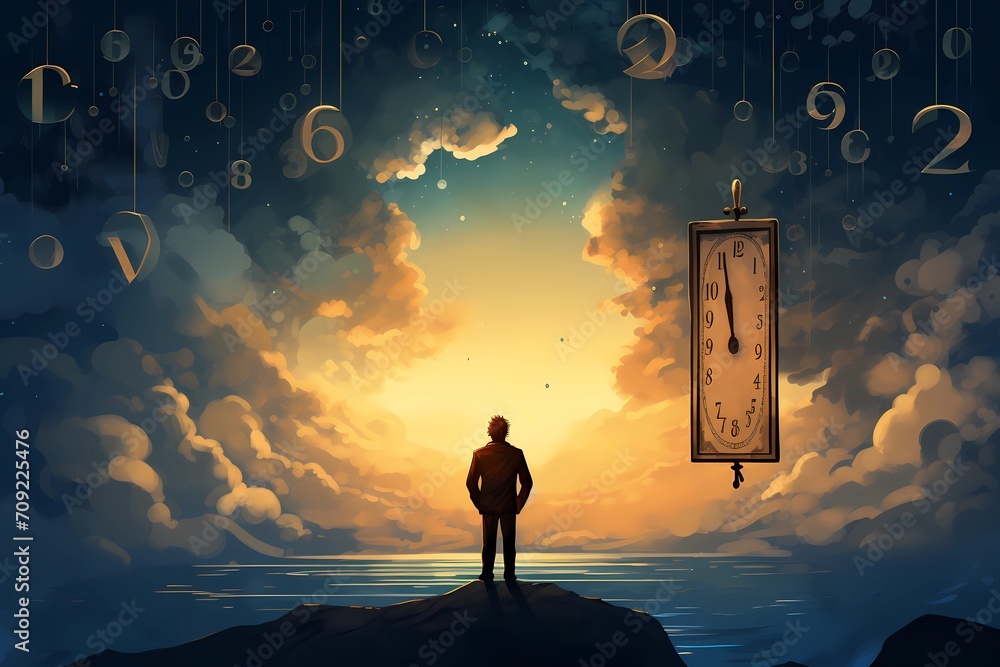A surreal scene of a confident business man standing against the sunset ...